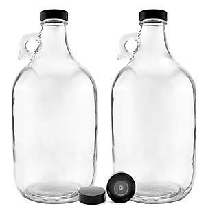 nicebottles Clear Glass Handled Jugs, Half-Gallon, Pack of 2 with Extra PolyCone Caps
