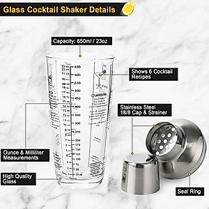 Tiawudi 23oz Glass Cocktail Shaker Set, 4PCS Bartender Kit, Martini Mixer Shaker with Built-in Strainer, Measuring Jigger, Cocktail Muddler & Mixing Spoon, Bar Tool Set for Bartender and Home Use