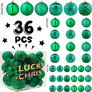 Christmas Ball Ornaments Green Christmas Tree Decorations with Hang Rope-36pcs Shatterproof Christmas Ornaments Set with 6 Styles in 3 Sizes(Small Medium Large)