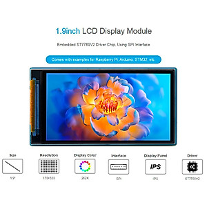 1.9inch LCD Display Module, 170x320 Resolution 262K Colorful IPS Screen Display, SPI Interface, Built-in ST7789V2 Chip, for Raspberry Pi 4B/3B+/3B/2B/Zero/Zero W/Zero 2W/WH,for Arduino, STM32, etc