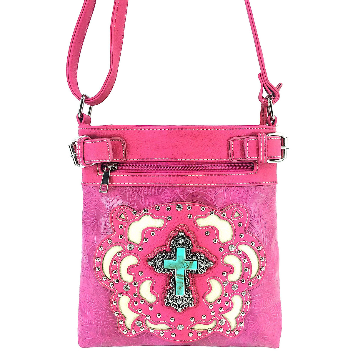 Justin West Tooled Turquoise Stone Cross Rhinestone Laser Cut Shoulder Chain Concealed Carry Handbag Purse Wallet Messenger (Hot Pink Messenger Bag)