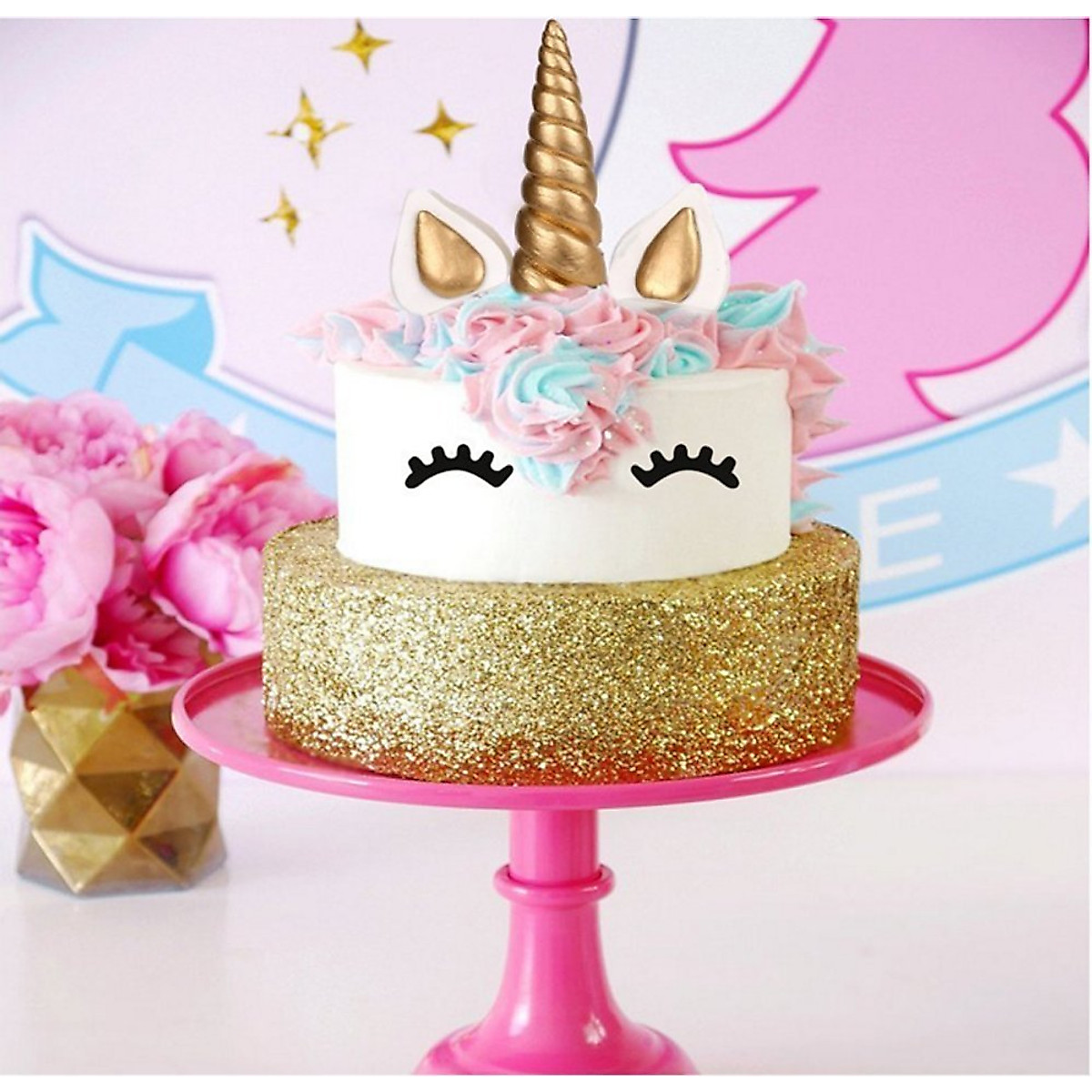 Yashell Topper, Reusable Gold Horn,Ears and Eyelashes Cake Value Set for Unicorn Party Decoration for Baby Shower，Weddin