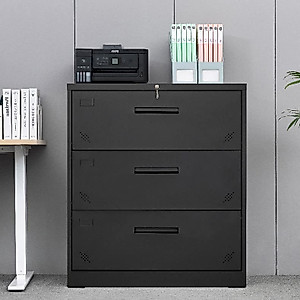 GREATMEET 3 Drawer Lateral File Cabinet with Lock,Heavy Duty Metal Lateral File Cabinet, for Legal Letter Files,Disassemble,Black (3 Drawers)