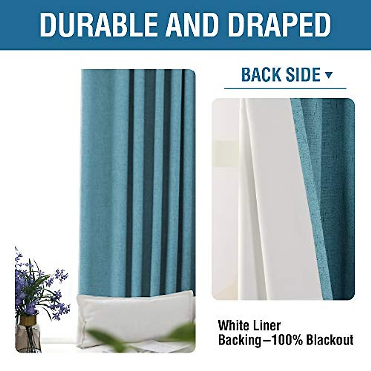 H.VERSAILTEX 100% Blackout Curtains for Bedroom 96 Inches Long Grommet Linen Face Full Light Blocking Curtain Drapes for Living Room Thermal Insulated Linen Look Curtains 2 Panels Set, Teal Blue