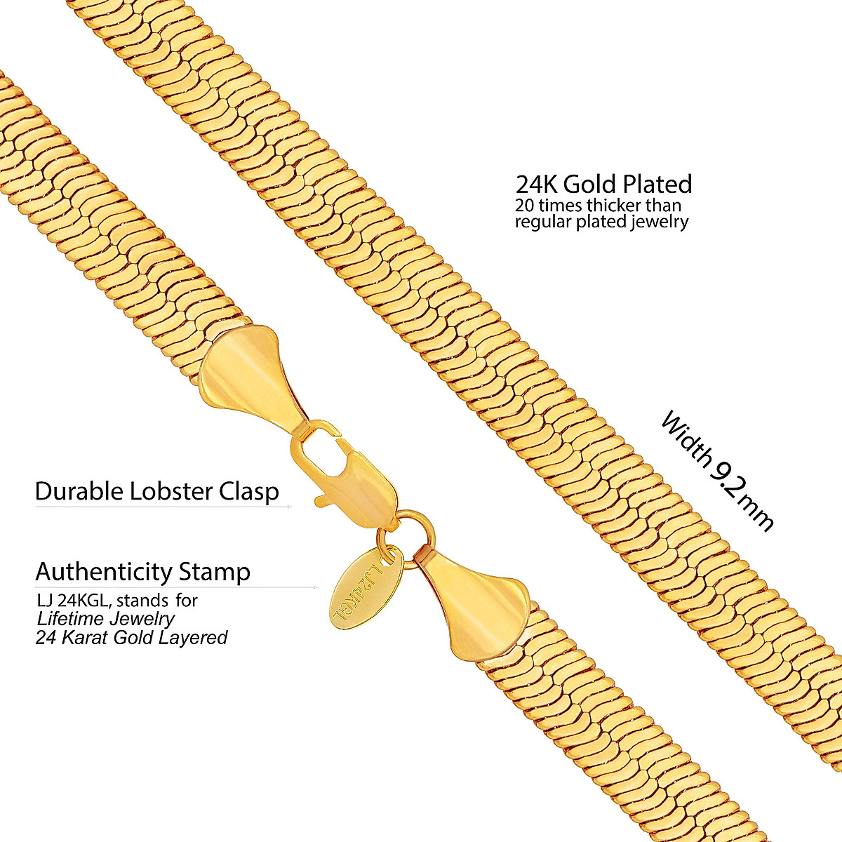 LIFETIME JEWELRY 9mm Flexible Herringbone Chain Necklace 24k Real Gold Plated (18 inches, Gold)
