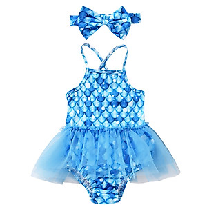 Baby/Toddler Girls One Pieces Swimsuit Quick Dry Beach Swimwear Bathing Suits with Ruffle Tulle Frill UPF 50+ Sun Protection (4-5 T, C-Blue Scale)