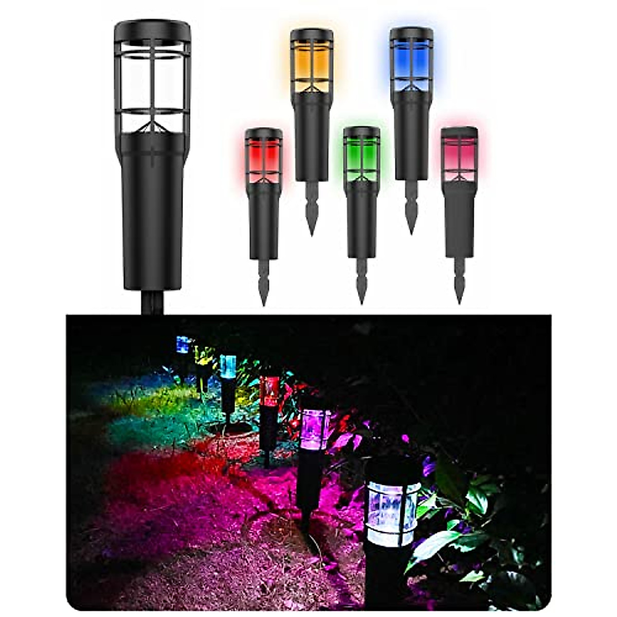 MUSCLE LIGHTING Solar Pathway Lights Bollard, 7 Color Changing/Warm White Landscape Path Light, Outdoor Waterproof Garden Light for Patio, Yard, Driveway, Pack of 6