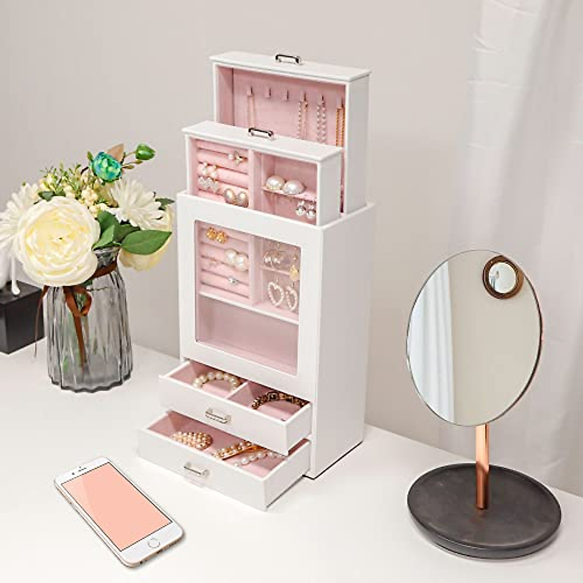 Kendal Jewelry Boxes for Girls Women, White Jewelry Box with Porcelain Pattern, Stand Layer Jewelry Organizer Box Display Necklace, Earring, Ring, Jewelry Storage Case as Ideal Gift