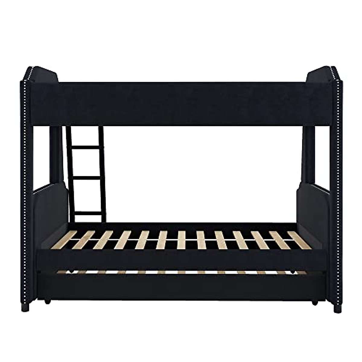 DEYOBED Twin Over Full Velvet Upholstered Bunk Bed with Trundle and Ladder, Tufted Button Design Wooden Bed Frame for Kids Teens Bedroom, Space Saving, Black