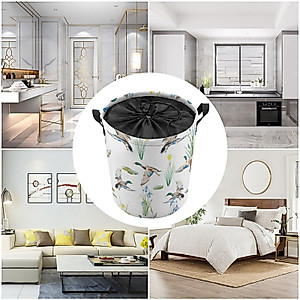 Flying Mallard Ducks Yellow and Blue Iris Lotus with Leaves on White Drawstring Collapsible Canvas Storage Basket, with Handles Foldable Storage Bin, Durable for Laundry Toys Clothes Bedroom Office