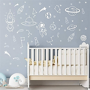 Wall Decor for Boys Room Art Outer Space Star Rockets Planets Stickers Removable Space Wall Decal for Children Bedroom Decoration (White)