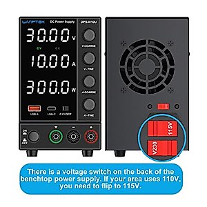 DC Power Supply Variable, Adjustable Switching Regulated Power Supply (30 V 0-10A) with Encoder Coarse & Fine Adjustments Knob, Beach Power Supply with USB & Type-C Quick-Charge Interface