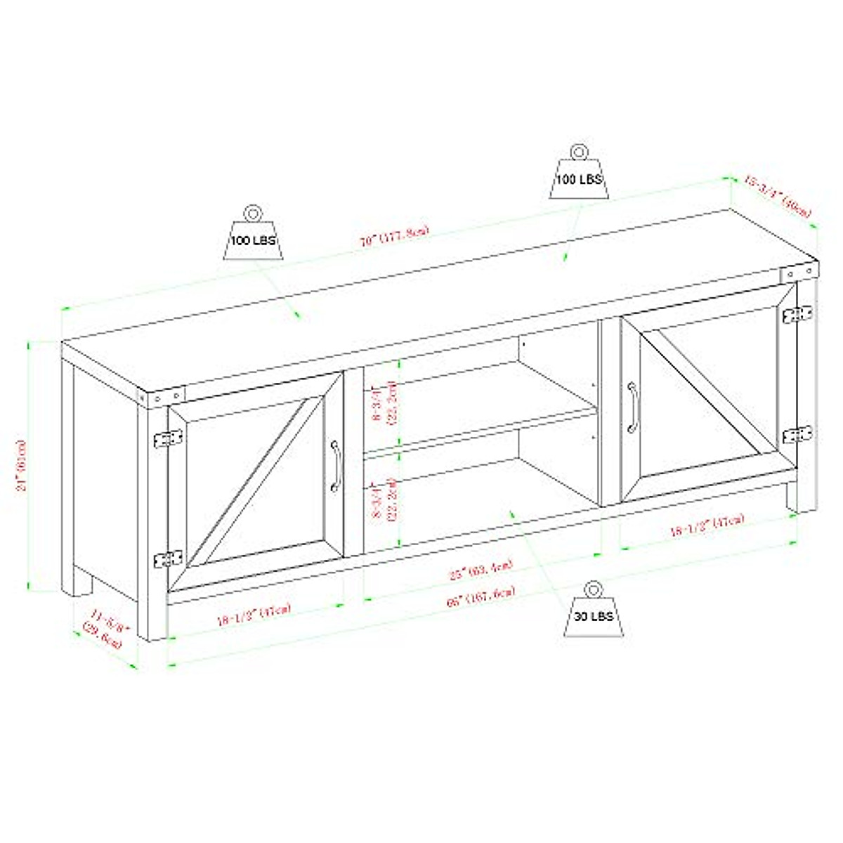 Walker Edison Georgetown Modern Farmhouse Double Barn Door TV Stand for TVs up to 80 Inches, 70 Inch, Grey Wash, Without Fireplace