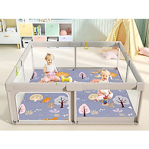 MIIMER Washable Baby Play Mat Portable Playmat for Babies 63x43”, Foldable Toddler Playpen Mat Non-Slip Baby Tummy Time Mat, Soft Floor Play Mats for Infants Extra Large Crawling Mat Grey Forest