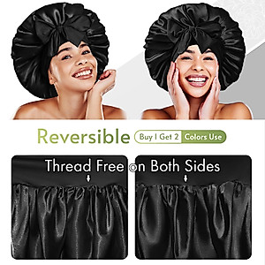 BONNET QUEEN Large Silk Bonnet for Sleeping Satin Bonnet Big Hair Bonnet Jumbo Braid Bonnet Double Layer Tie Bonnets Night Hair Wrap for Women Curly Hair Black