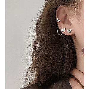 Reffeer 925 Sterling Silver Double Holes CZ Butterfly Chain Stud Earrings Two Butterfly Cuff Climber Earrings for Women Teen (Silver)