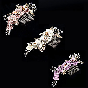 Hair Side Combs Bride Wedding Hair Comb Flowers Pearl Bridesmaids Hair Piece Accessories Vintage Bridal Hair Clips for Women and Girls (Pink)