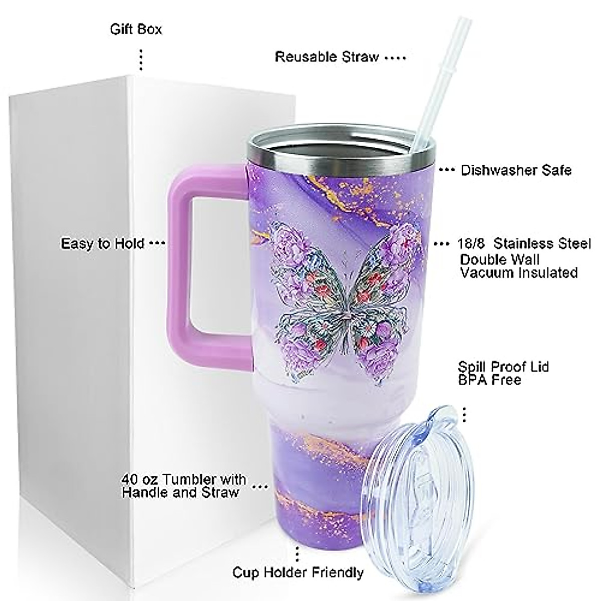 PERRIFIC 40 oz Tumbler with Handle and Straw Lid Leak Proof | You're Awesome Inspirational Mother's Day Birthday Gifts for Women Men Coworker Friends | Stainless Steel Cup Dishwasher Safe