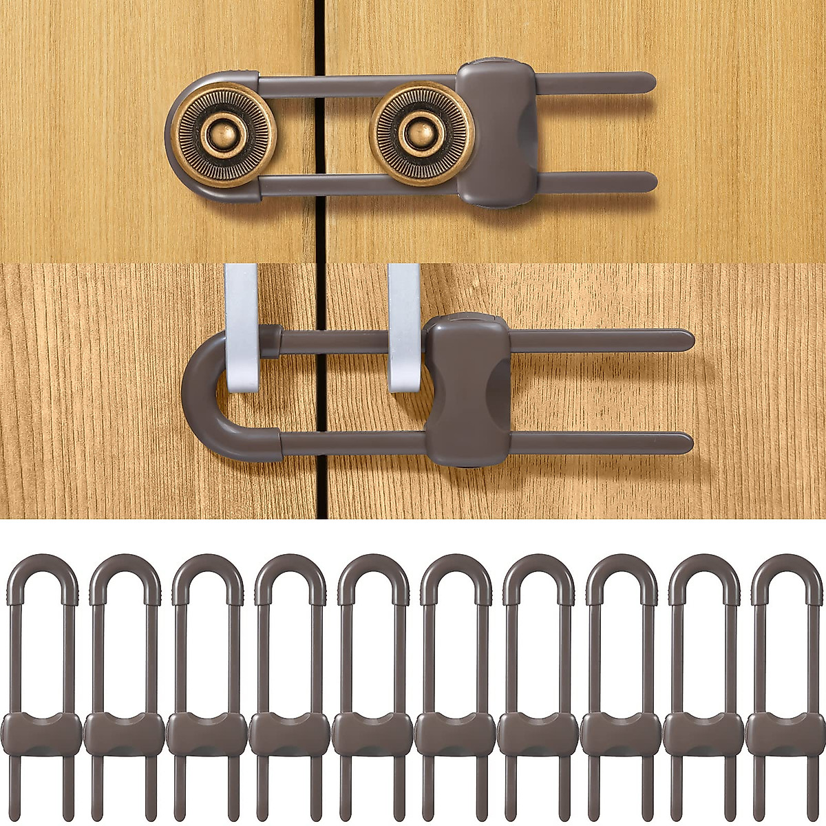 Jetec 10 Pieces Cabinet Locks for Babies, U-Shaped Proofing Drawers Safety Child Locks Adjustable, Easy to Use Childproof Latch for Knob Handle on Kitchen Door Storage Cupboard Closet (Brown)