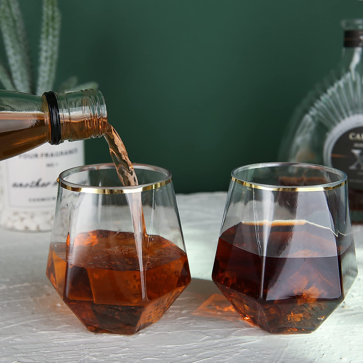 Brittany 40pcs Stemless Plastic Wine Glasses 12 oz Diamond Plastic Cups Crystal Clear Gold Rim Glasses for Whiskey, Cocktails, Juice, Trendy & Modern Stemware Suit for Birthday, Party, Wedding