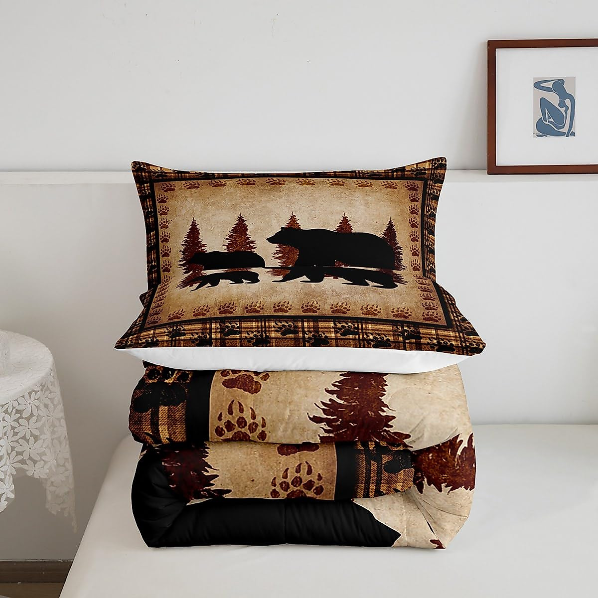 Feelyou Kids Bear Comforter Set Rustic Cabin Country Bedding Set Twin Size for Boys Girls Teens Rust Bear Comforter Wild Animal Brown Duvet Set with 1 Pillow Case