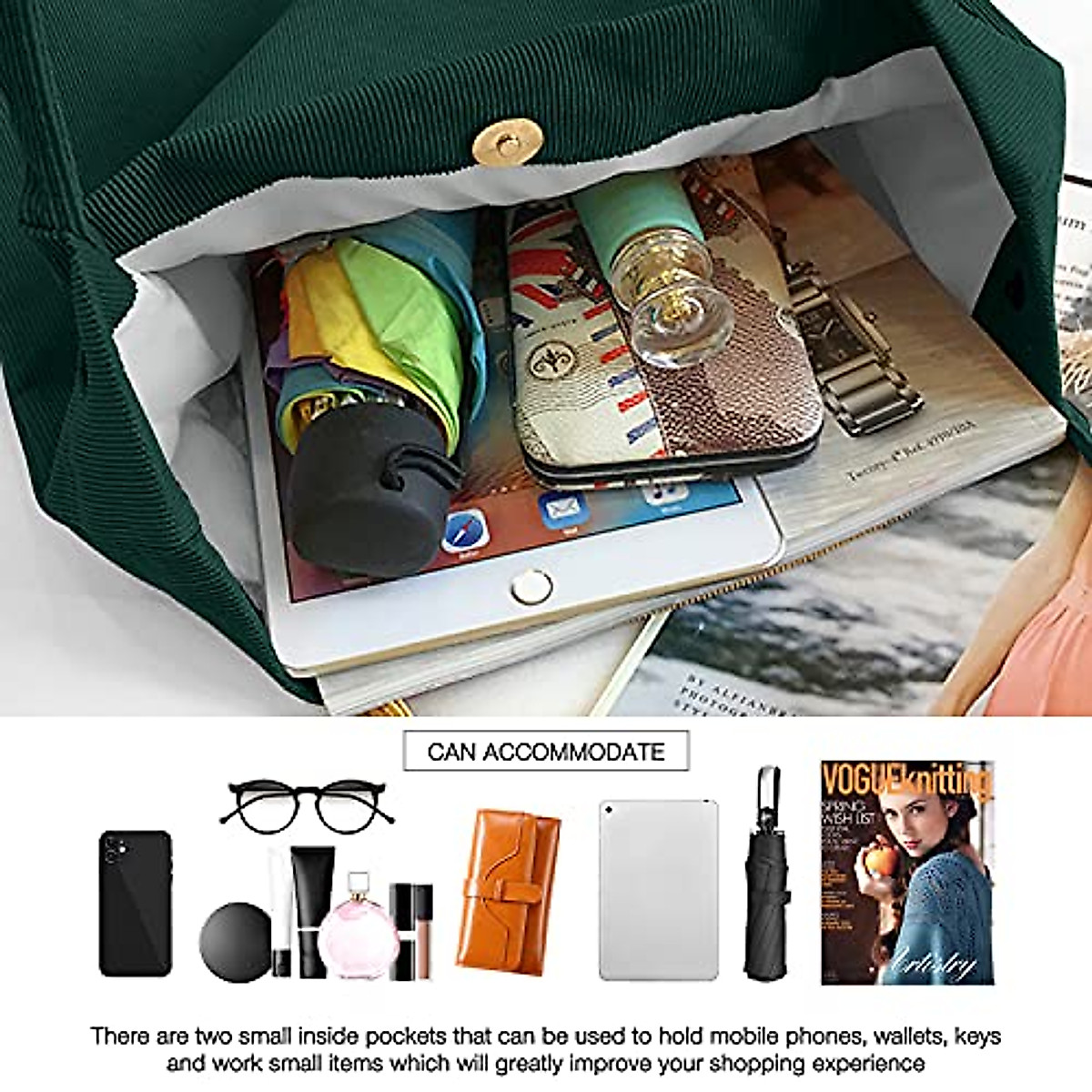 Ndeno Women Tote Bags Grocery Shoulder Bag Corduroy with Inner Pocket for Work Beach Lunch Travel Shopping Shopper Handbags (Green)