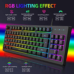 Fuegobird Gaming and Office Keyboard, USB Wired High Performance, RGB Backlit, Compact 87 Keys Low Caps for Windows, Mac, Android