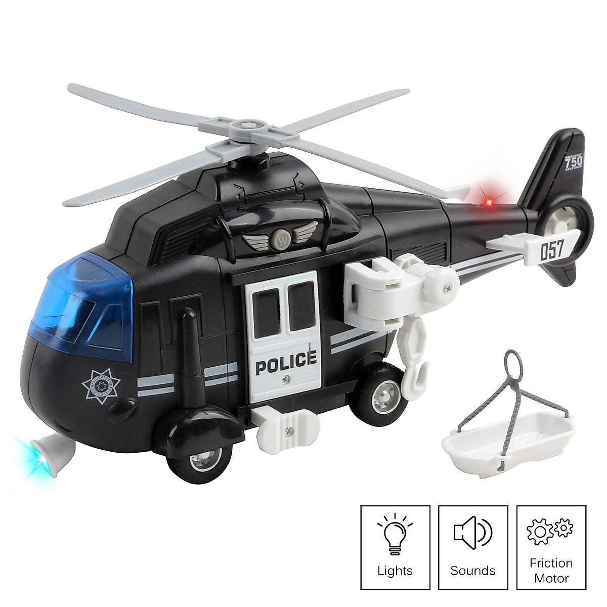 Vokodo Police Helicopter 11" With Lights And Sounds Push And Go Includes Rescue Basket Durable Toy Friction Kids Cop Chopper SWAT Airplane Pretend Play Truck Great Gift For Children Boys Girl Toddlers