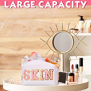 Sanwuta 4 Pcs Hair Face Skin Travel Bag Set Preppy Makeup Pouch PU Leather Skincare Bag Waterproof Cosmetic Organizer Birthday Christmas Gifts(White, Pink, Beige,Fresh Style)