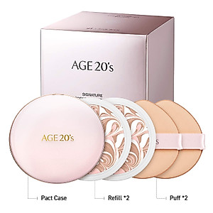 AGE 20’s Signature Hydrating Essence Sunscreen Foundation for Dry Skin, SPF 50+, BB & CC Cream, Moisture Cushion Pact, Refill Included, 21 Light Beige (0.49oz x 2ea)