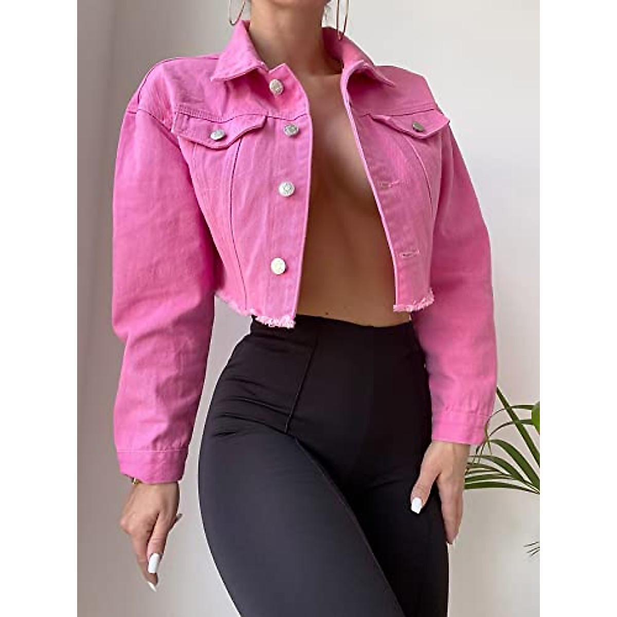 Floerns Women's Button Front Ripped Crop Denim Jacket Coat Pink M