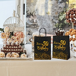 MIMIND 24 Pieces Black Gold 50th Birthday Gift Bags Kraft Paper Bags Party Favor Bags Goodie Candy Bags for Birthday Wedding Party Supplies