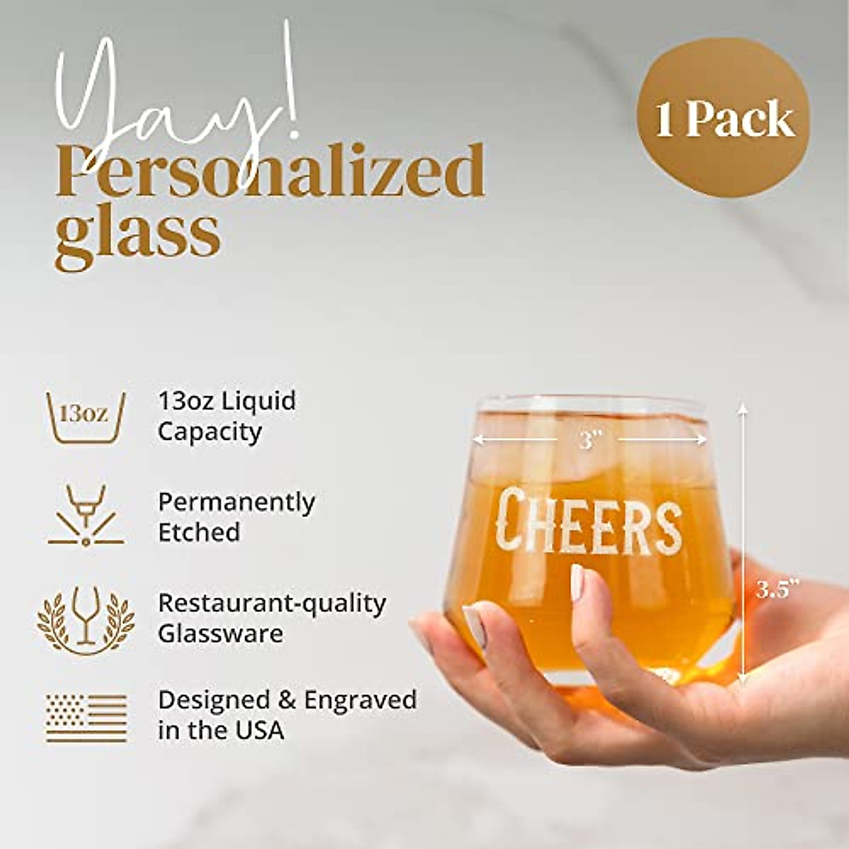Personalized Whiskey Glass Engraved with Your Custom Text -12oz Customized Glass for Old Fashioned, Cocktails or Bourbon (13oz Whisky Rock)
