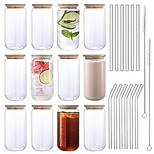 MorningRising Glass Cups with Lids and Straws Set of 12, 16 oz Beer Glasses, Drinking Glasses, Glass Cups, Iced Coffee Glasses for Beer, Cocktail, Whiskey, Smoothies