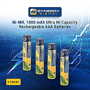 Synergy Digital Ni-MH, 1000 mAh Ultra Hi-Capacity Rechargeable AAA Batteries - 4 Count Pack Long-Lasting Triple A Batteries Use for Cordless Phones Remote Controls Toys & Other Devices