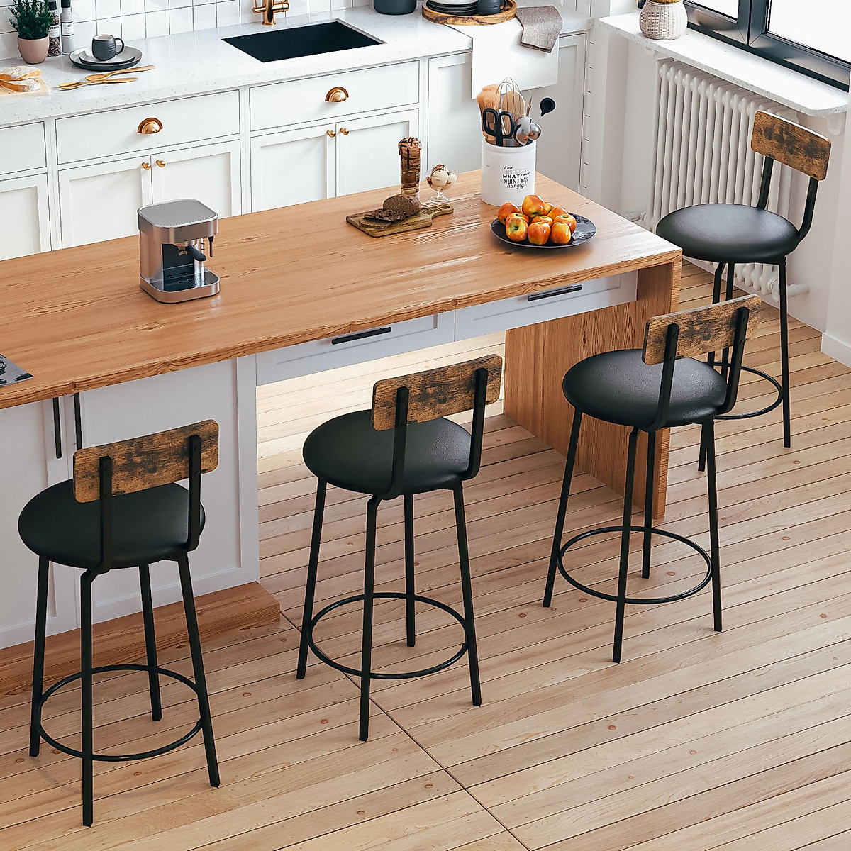 IRONCK Bar Stools Set of 2, Wider Base PU Upholstered Swivel Barstools for Kitchen Island, Thick Cushion Stools with Footrest for Dining Room Kitchen Counter Bar, Rustic Brown and Black