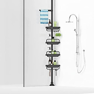 FRDECON Rustproof Shower Caddy Corner for Bathroom, 4-Tier Tension Pole Stainless Steel Shower Organizer, 56 to 117 Inch Adjustable Bathtub Shower Shelf Storage with 1 Tower Bar, Black