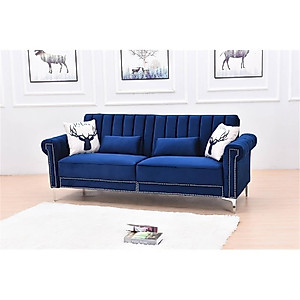 Legend Vansen 82.7" Convertible Modern Wood & Velvet Fabric Sofa Bed in Blue