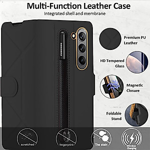 NINKI Compatible Samsung Galaxy Z Fold 5 Case with S Pen Holder & Screen Protector,Shockproof Luxury PU Leather+PC Protective Cover Stand Case for Samsung Z Fold 5 5g Phone Case with Kickstand Black