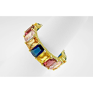 ORENTINI 18K Gold Plated Eternity Rainbow Ring Band For Women with Multi-Color Emerald Cut Cubic Zirconia Gemstones Wedding Band Engagement Anniversary