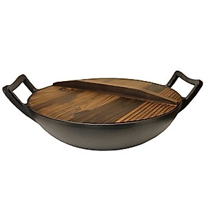Kasian House Cast Iron Wok, Pre-Seasoned with Wooden Lid 12" Diameter and Large Handles, Stir Fry Pan