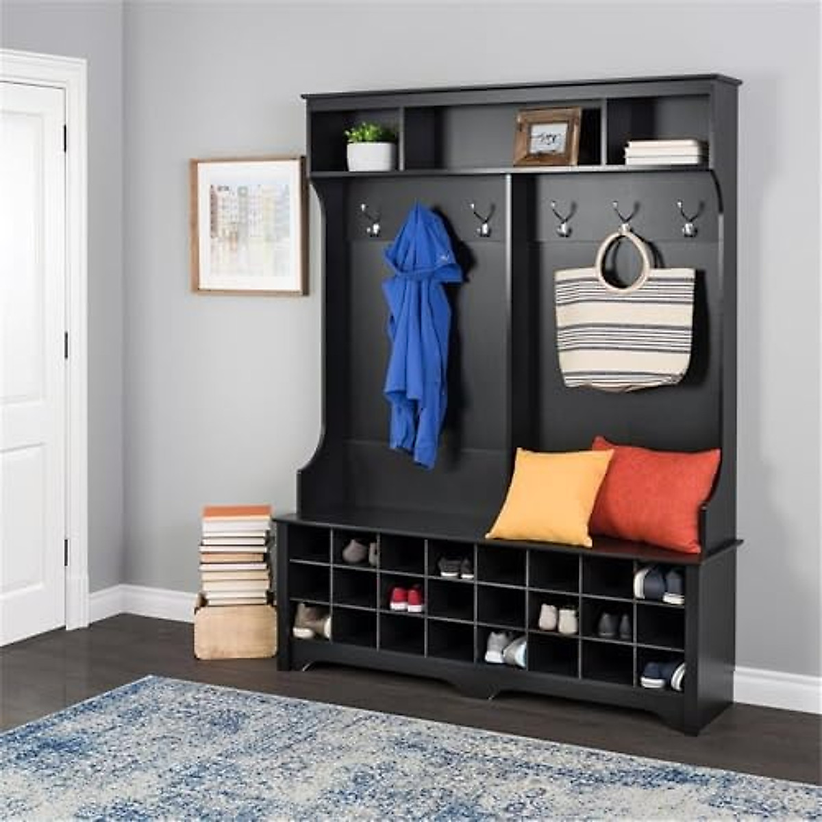 Prepac Black Hall Tree, Shoe Cabinet, Storage Cabinet with 24 Shoe Cubbies and 6 Double Coat Hooks 15.5" D x 60" W x 77" H, BSOG-0013-1