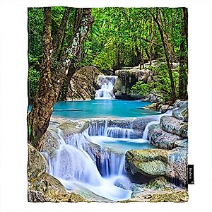 Beabes Waterfall Throw Blanket Deep Forest Green Trees Waterfall Flowing River Spring Nature Scene Cosy Throw Blanket Flannel Fleece for Bedroom Sofa Couch Car Deck Chair 60x80 Inch