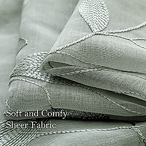 HOMEIDEAS Sage Green Sheer Curtains 52 X 84 Inches Long 2 Panels Embroidered Leaf Pattern Pocket Faux Linen Floral Semi Sheer Voile Window Curtains/Drapes for Bedroom Living Room