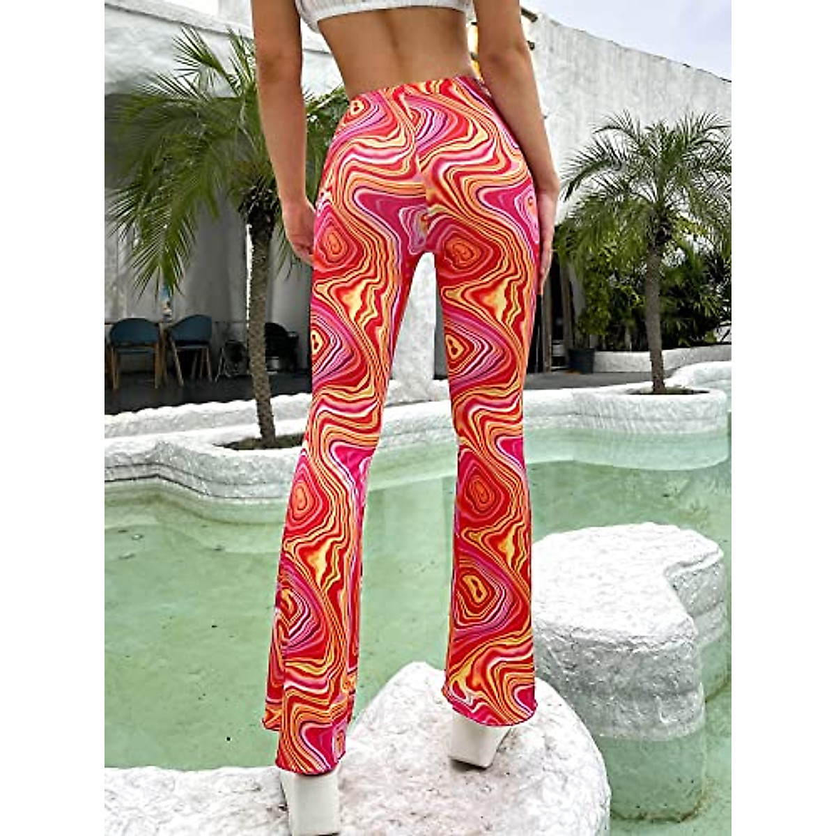 WDIRARA Women's Floral Print Elastic Waist Flare Leg Pants Stretchy Casual Long Pants Multicolour Marble M