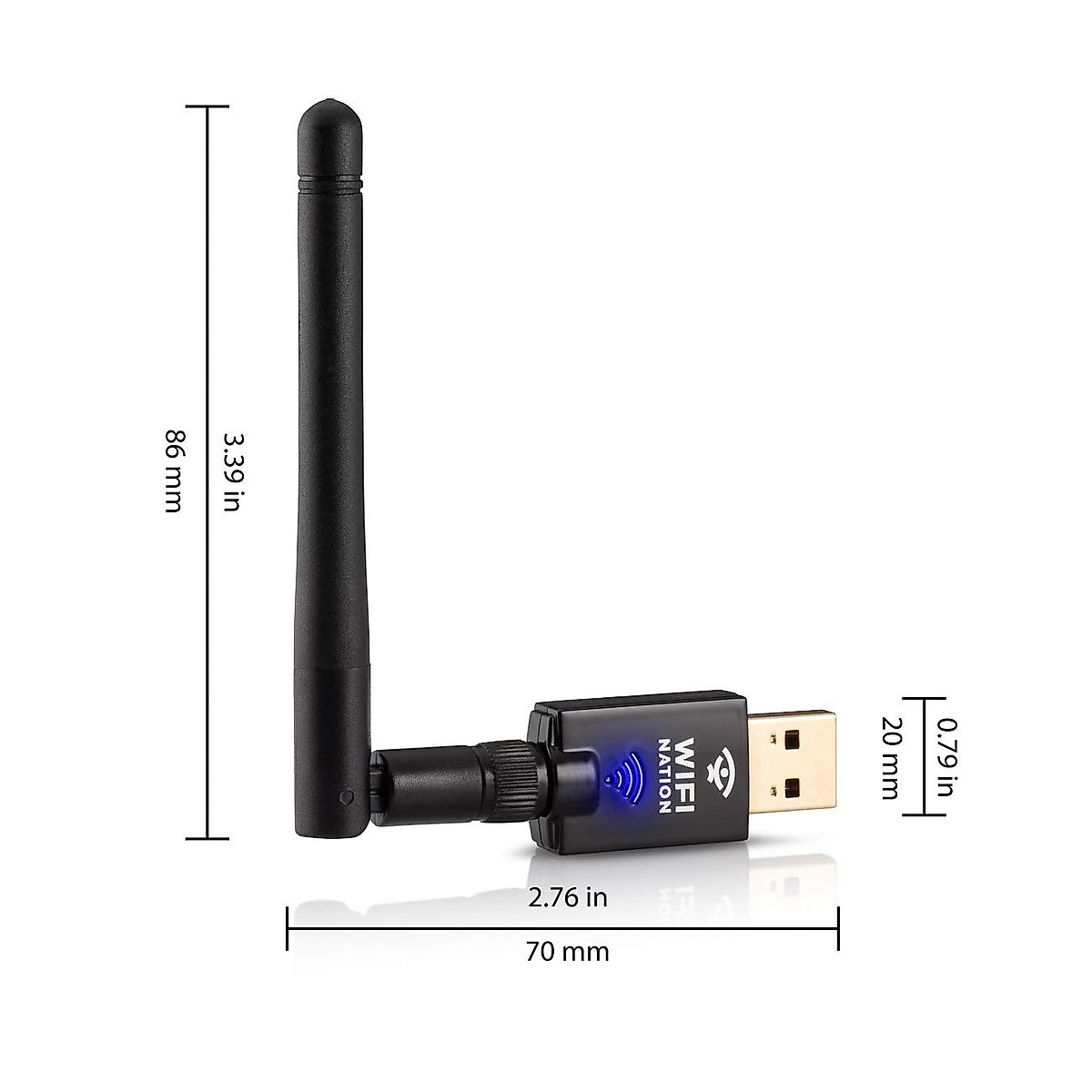 WiFi Nation® 802.11ac AC600 Fast USB WiFi Adapter, Wireless dongle with 2dBi dipole SMA Antenna, chipset: Realtek RTL8811AU, Dual Band 2.4GHz or 5GHz, Windows, MacOS and Linux Supported