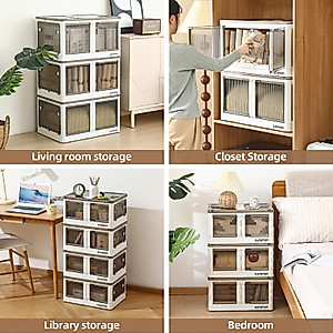 sunamon Stackable Storage Bins with 5 Doors, Plastic Storage Bins With Lids, 80Gal Collapsible Storage Bins with Wheels Large Closet Storage Bins For Shelves Home Bedroom Office, 3 Pack