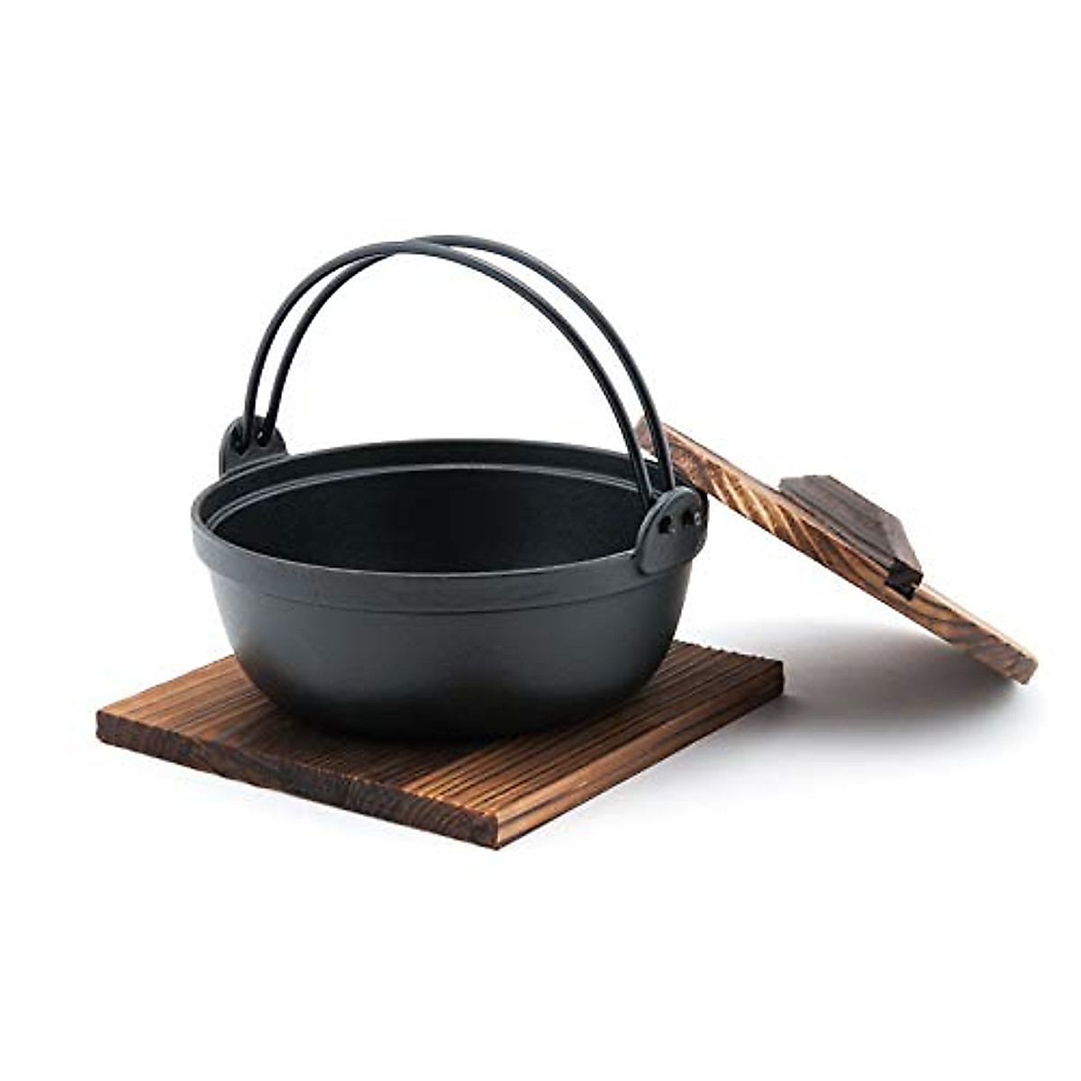 Fuji Merchandise Japanese Style Cast Iron Sukiyaki Tetsu Nabe Pot with Wooden Lid and Tray Quality Enamel Coating (58 fl. oz) 8.5" Diameter