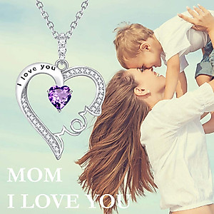 Sterling Silver Necklace for Mom Birthday Gifts Amethyst Jewelry I Love You Mom Love Heart Pendant Necklace for Mother