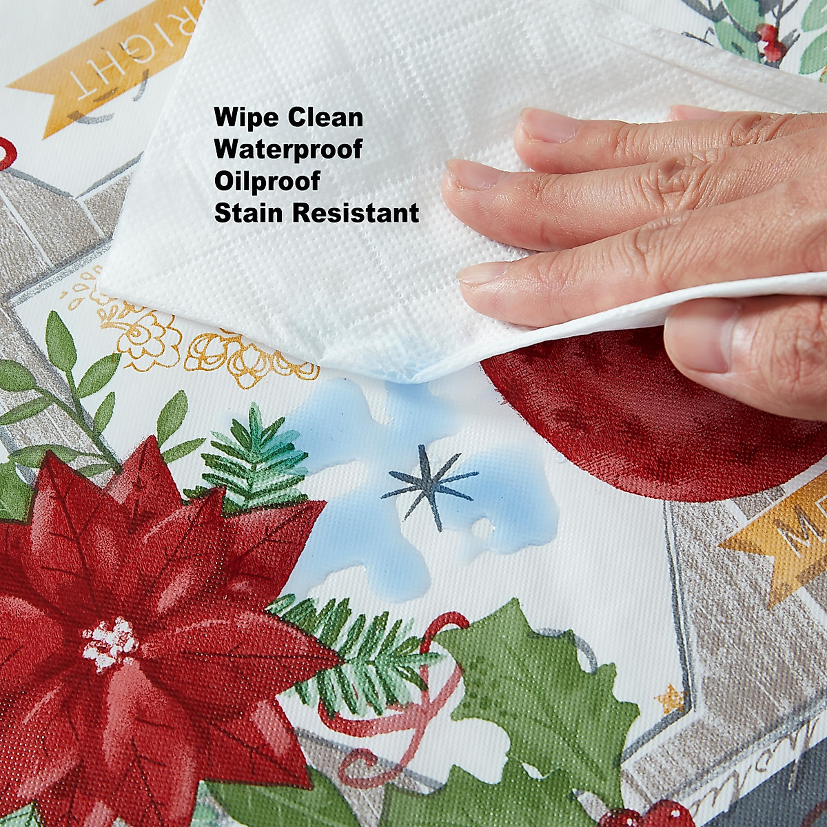 Newbridge Merry Christmas Stocking Holiday Vinyl Flannel Backed Tablecloth - Noel Christmas Wreath, Festive Seasons Greetings Print Wipe Clean Easy Care Xmas Tablecloth, 60” x 102” Oblong/Rectangle